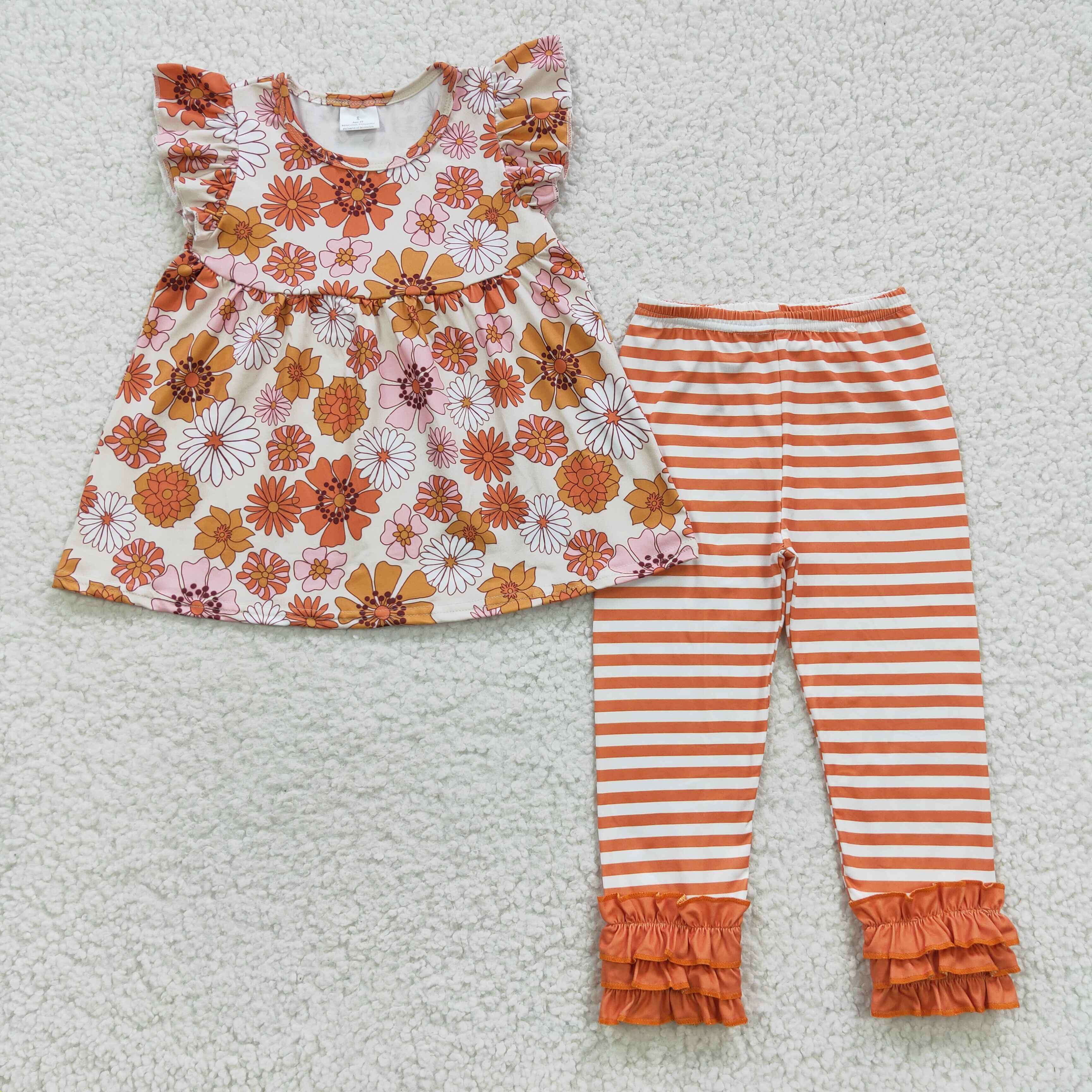 Girls Floral Orange Stripe Outfits – ZHOHAO03