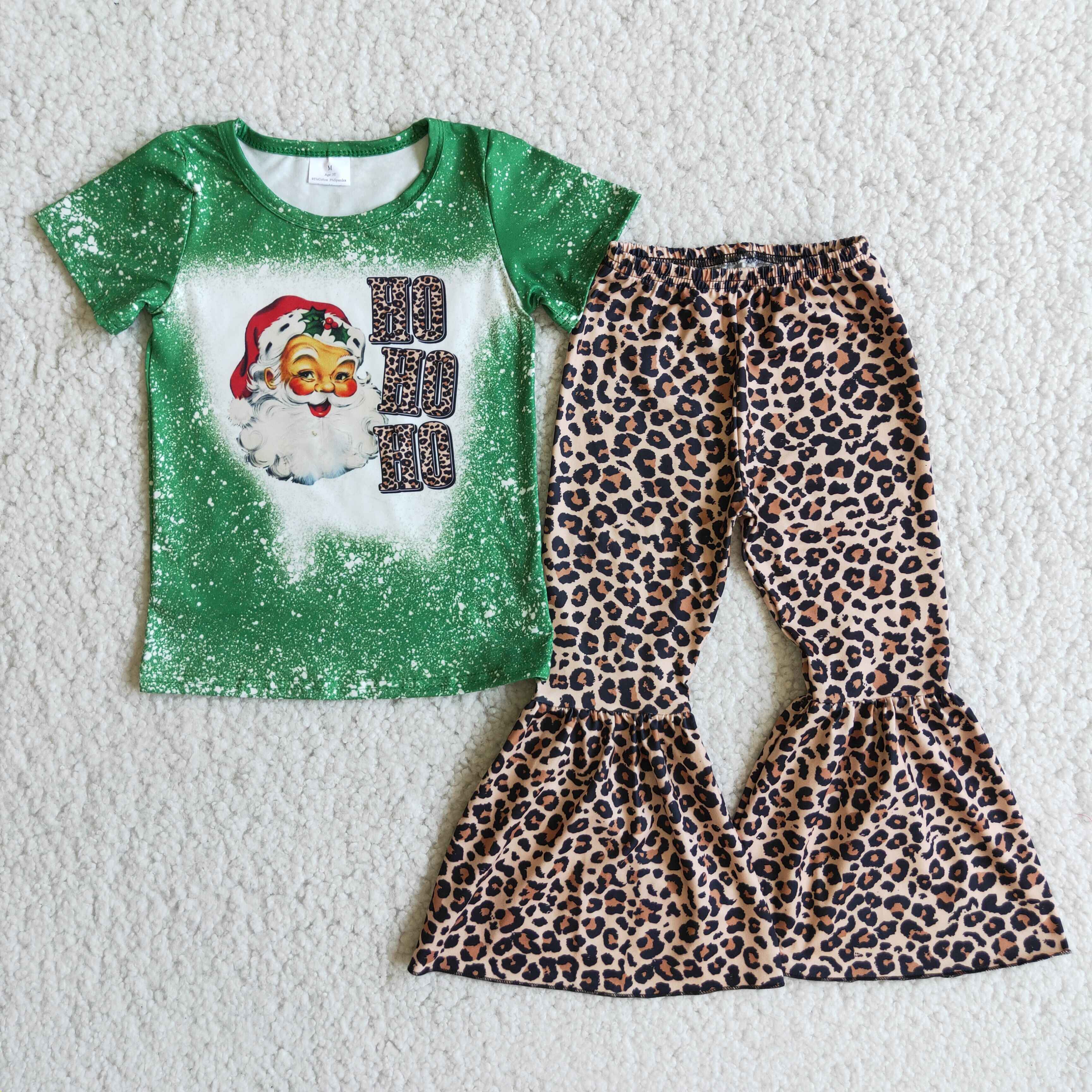 Girls Christmas Santa Ho Outfits Short Sleeves Leopard Pants – ZHOHAO03