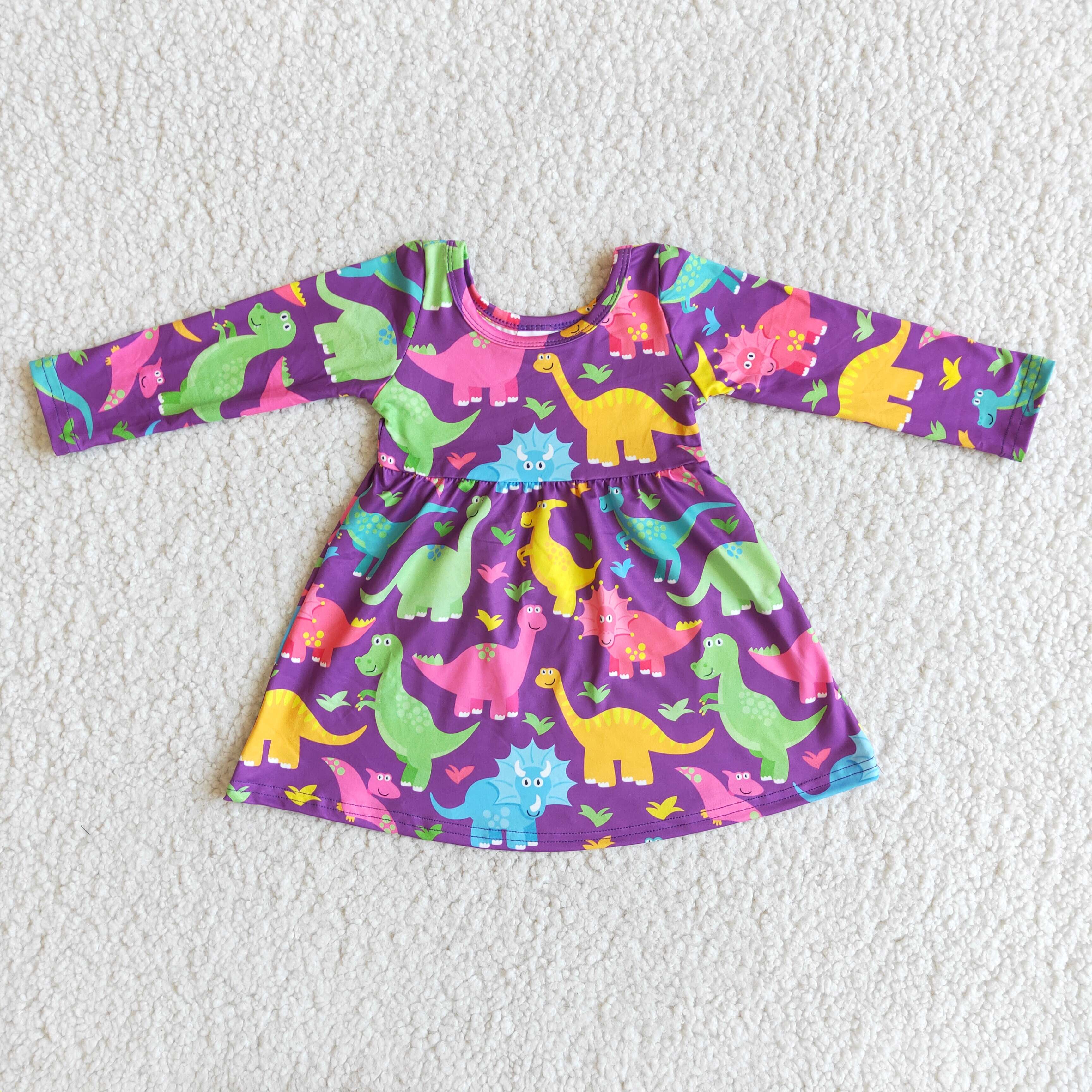 Girls Dinosaurs Dress Long Sleeves Purple – ZHOHAO03