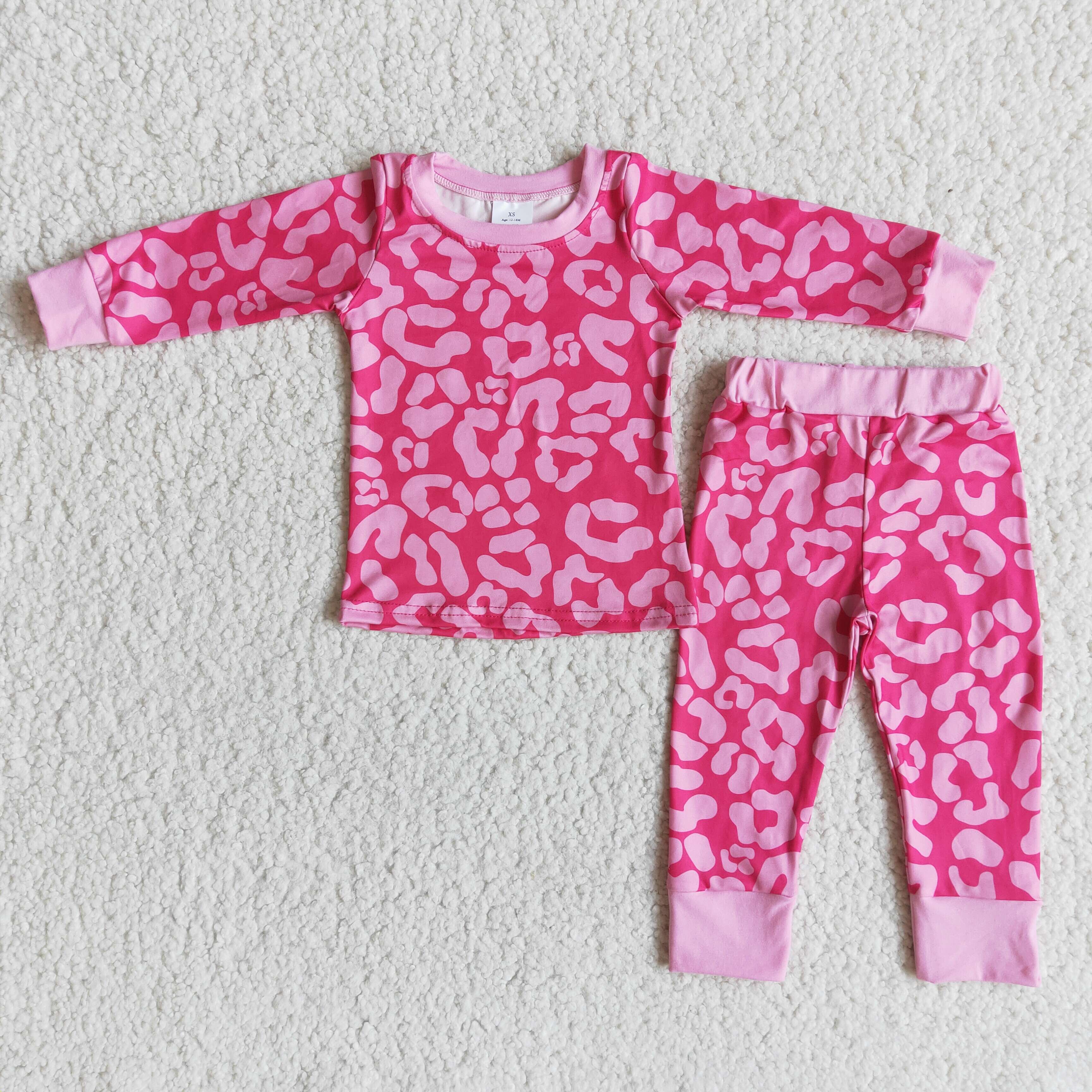 Girls Valentine's Day Pink Leopard Pajamas Long Sleeves – ZHOHAO03