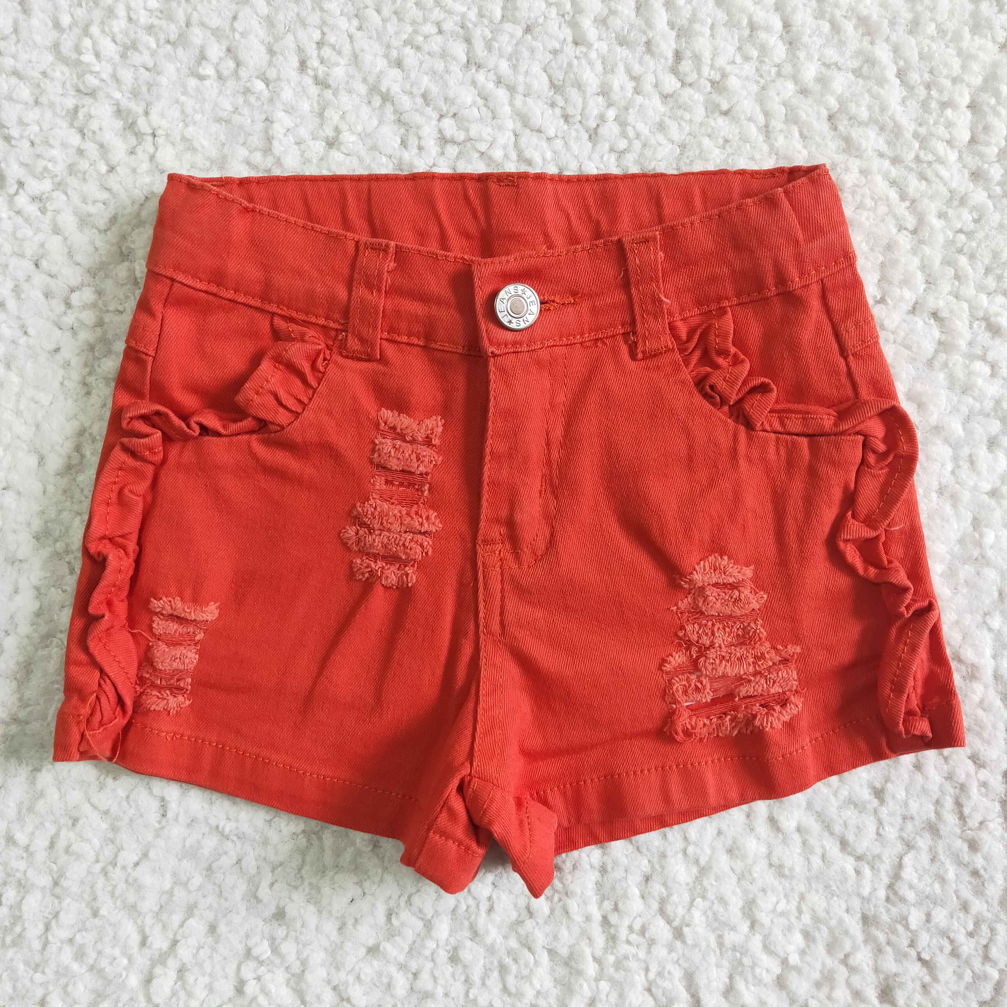 Girls Orange Summer Denim Shorts With Ruffle – ZHOHAO03