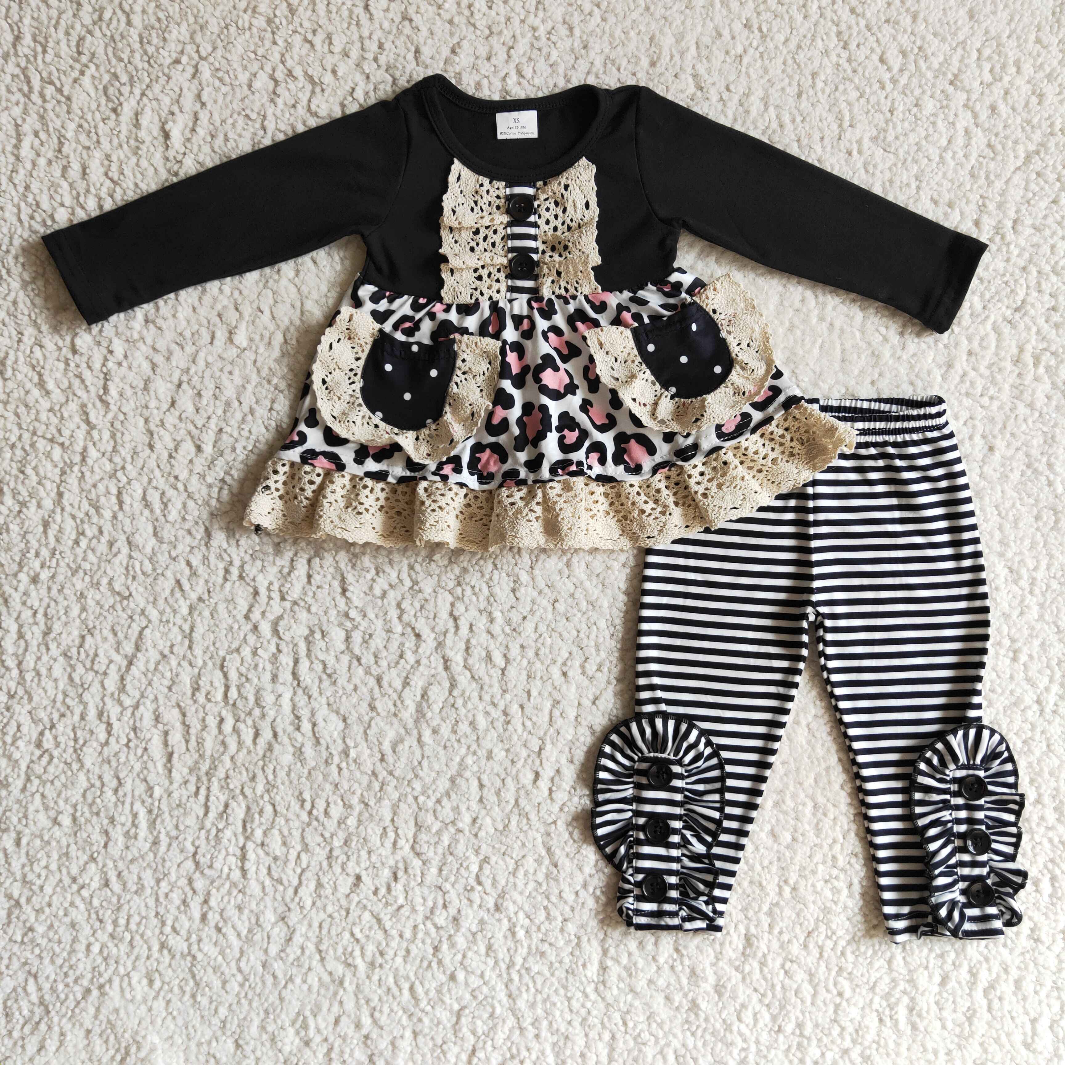 Girls Black Outfits Long Sleeves Lace Pocket Stripe Pants – ZHOHAO03