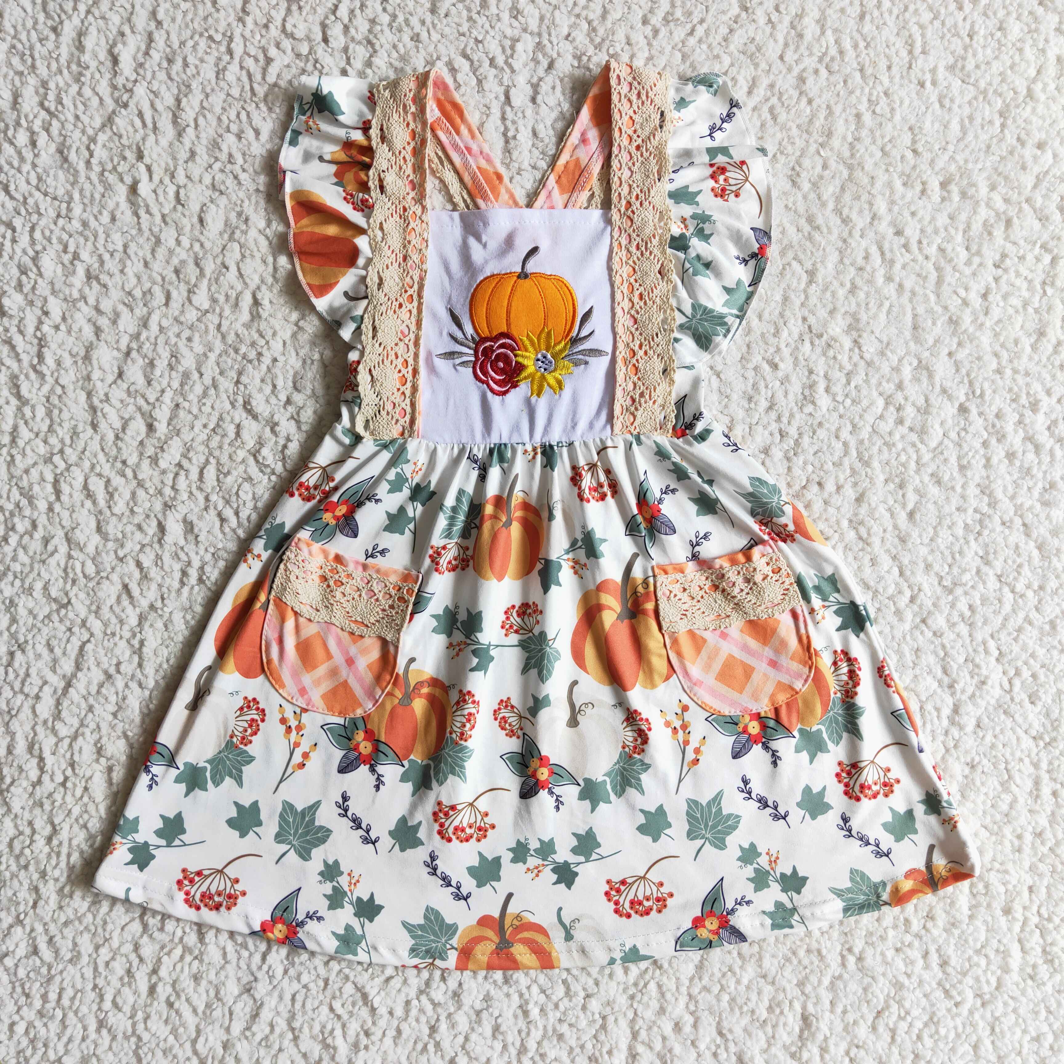 Girls Embroidery Pumpkin Dress Flutter Sleeves – ZHOHAO03