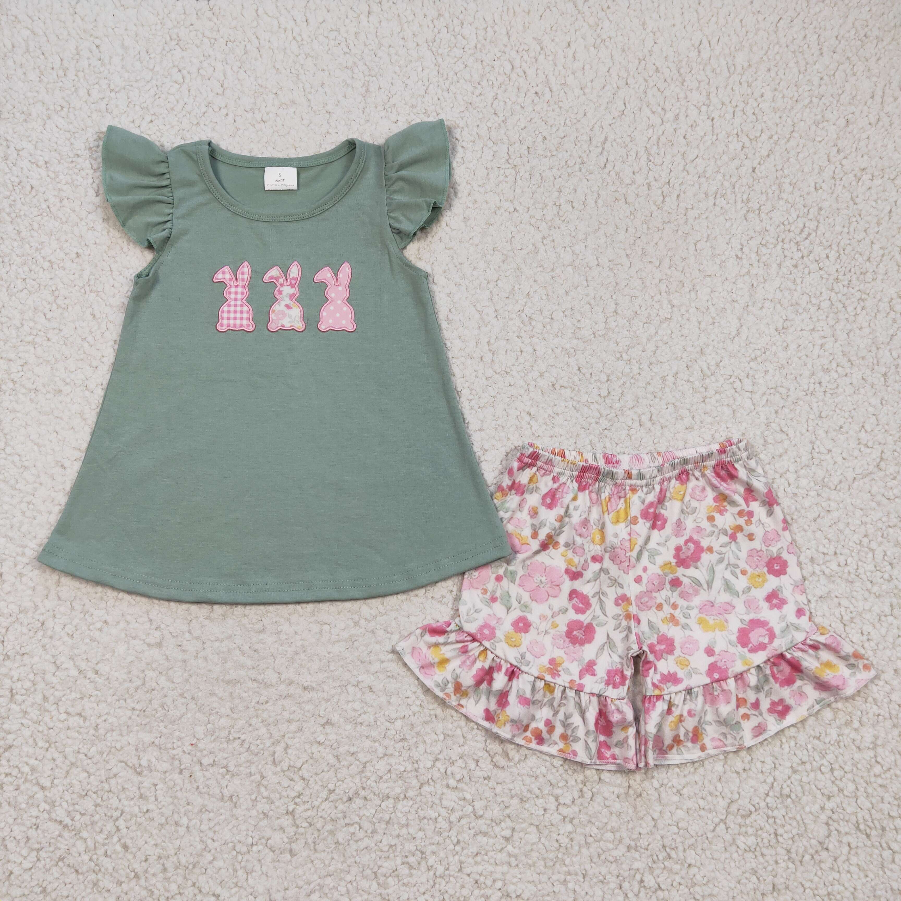 Girls Embroidery Easter Bunny Outfits Short Sleeves Floral Shorts ...