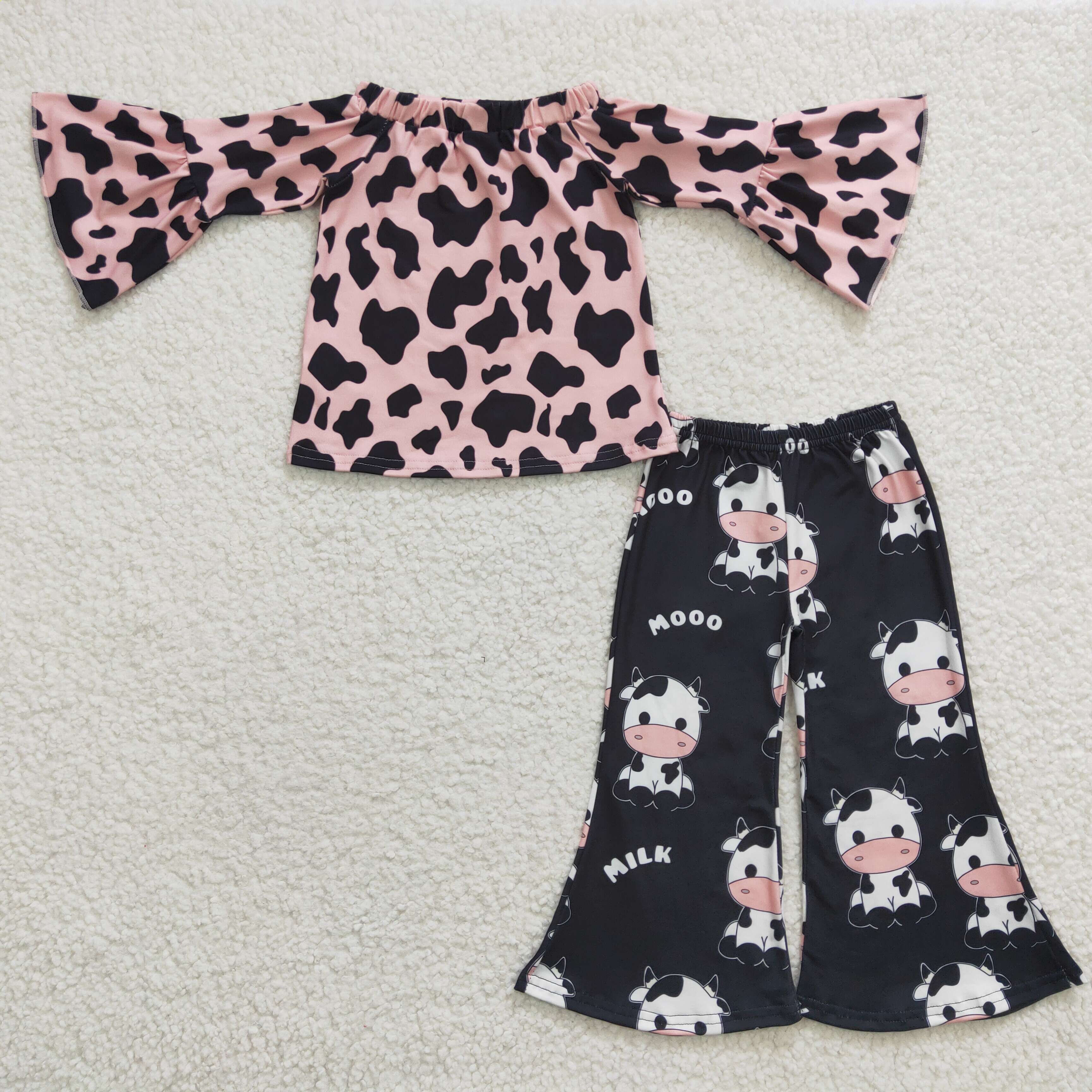 GLP0376 Girls Cow Print Leopard Outfits Bell Bottom Pants – ZHOHAO03